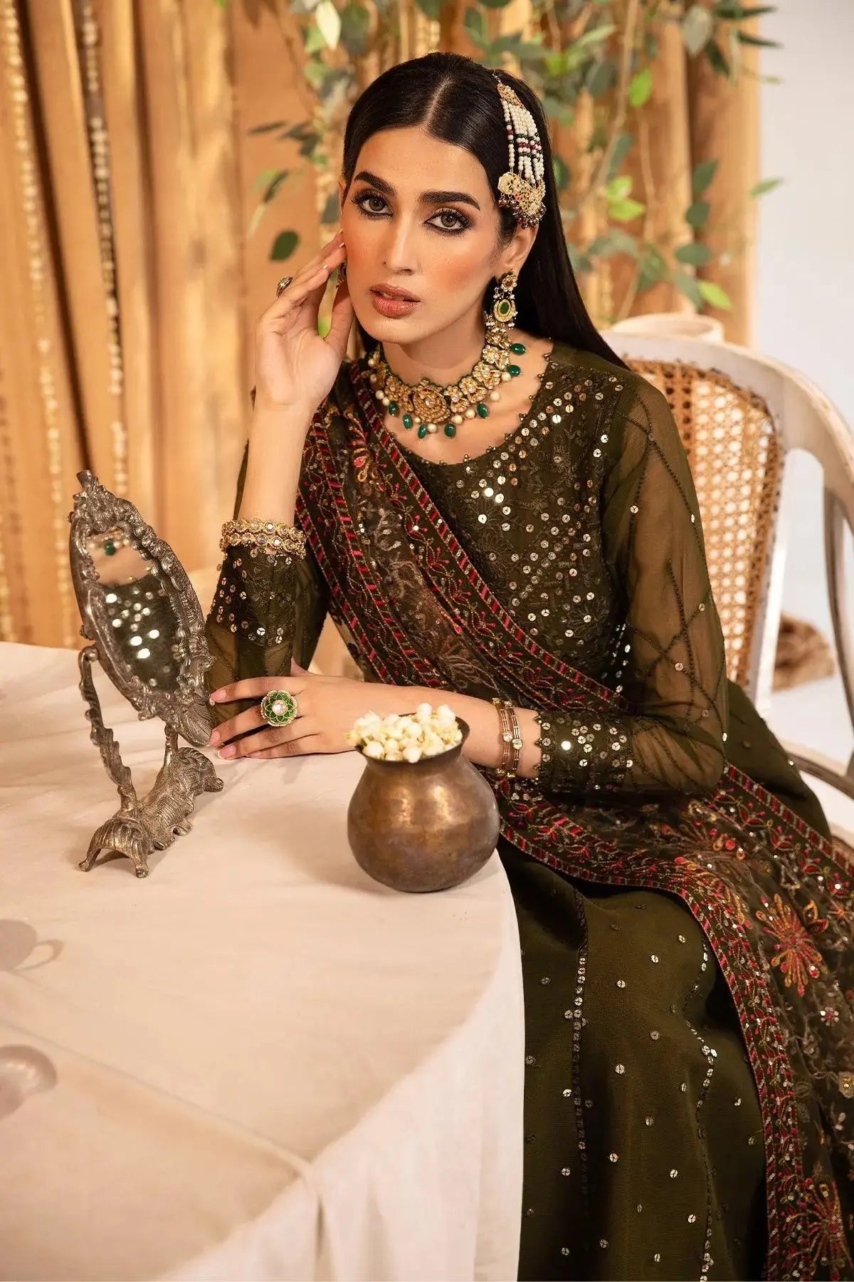 Mahveen - V16D07 Embroidered Chiffon Olive – Alizeh
