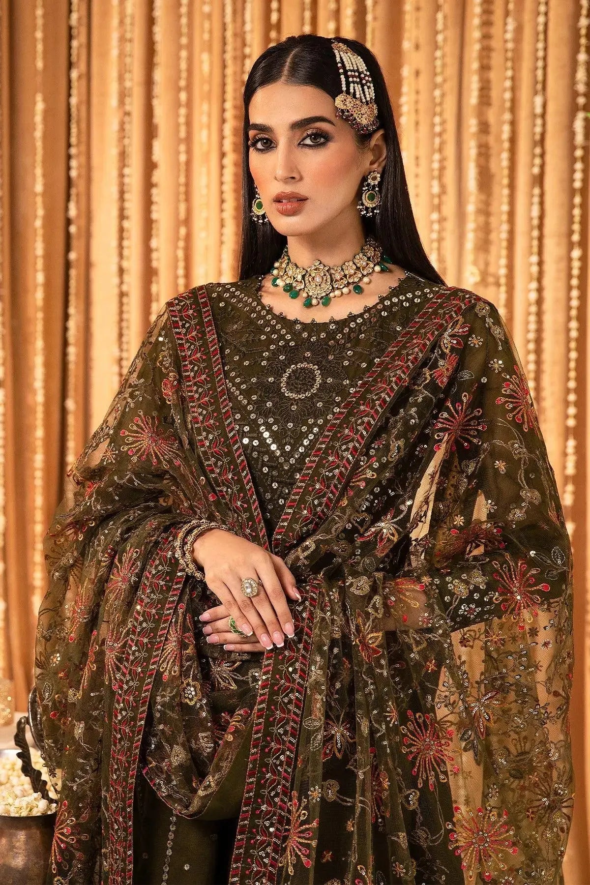 Mahveen - V16D07 Embroidered Chiffon Olive – Alizeh
