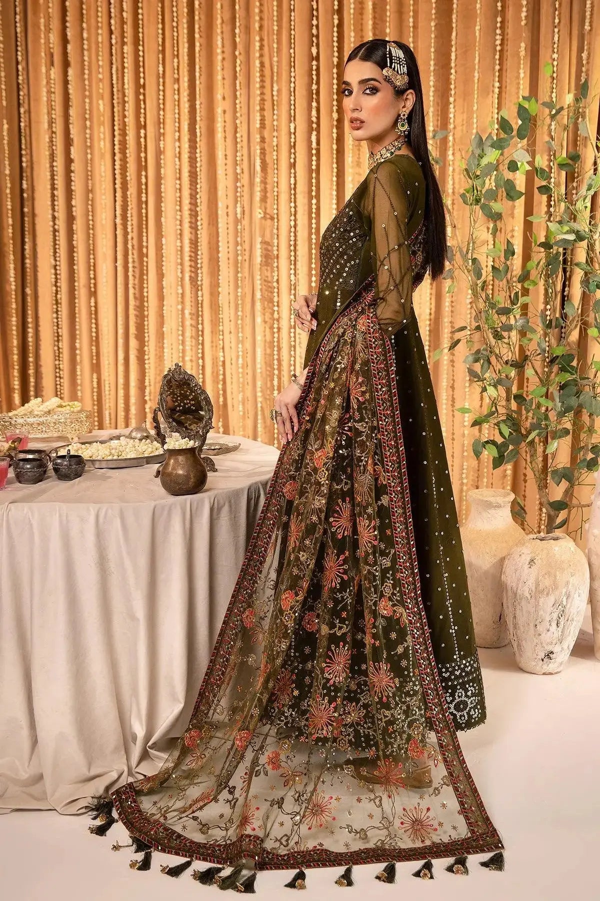 Mahveen - V16D07 Embroidered Chiffon Olive – Alizeh