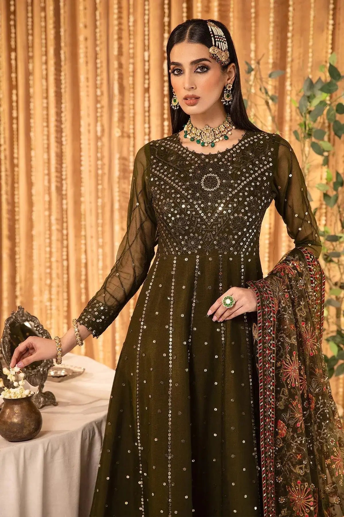 Mahveen - V16D07 Embroidered Chiffon Olive – Alizeh