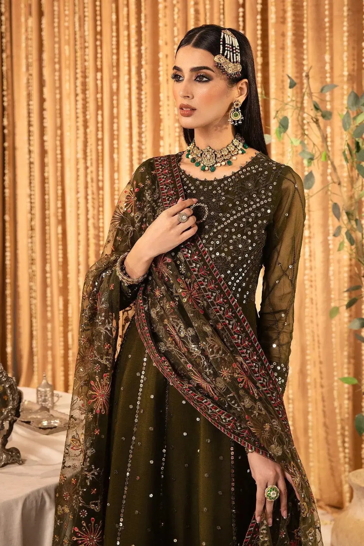 Mahveen - V16D07 Embroidered Chiffon Olive – Alizeh