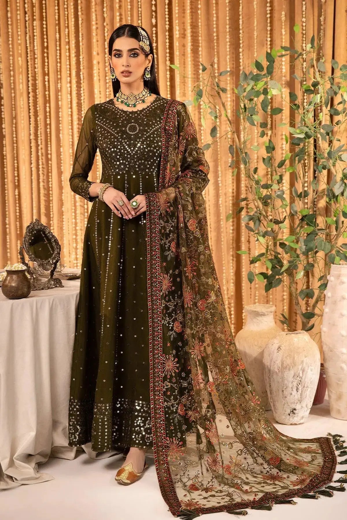 Mahveen - V16D07 Embroidered Chiffon Olive – Alizeh